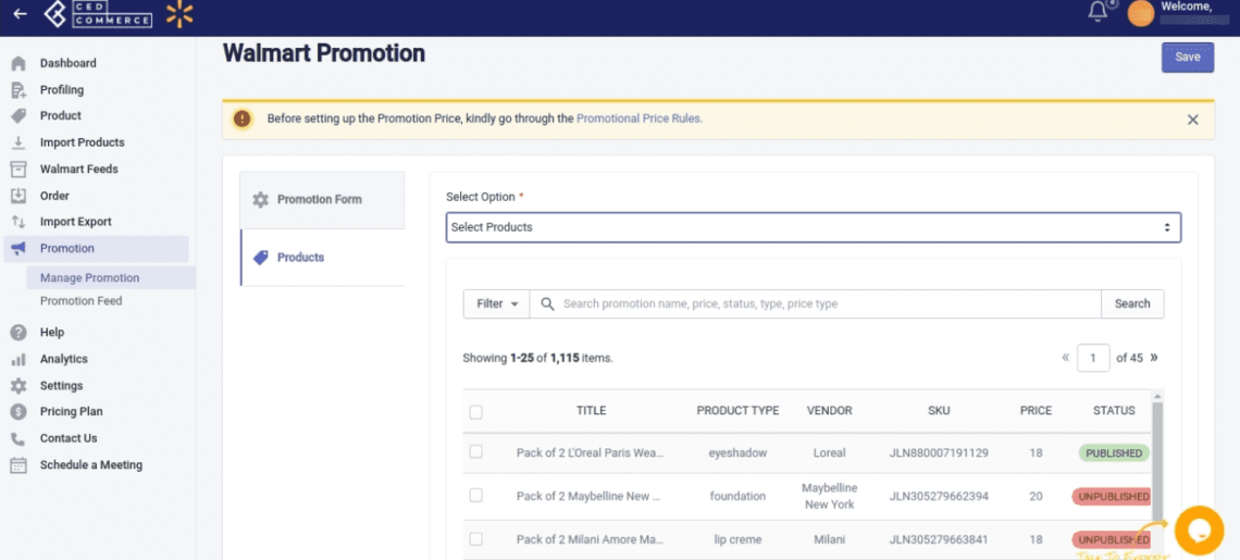 Bulk promotion on Walmart with CedCommerce’s Walmart Integration
