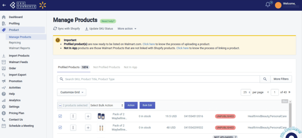 Walmart Integration-Setup by match, Inventory mapping & Bulk editor