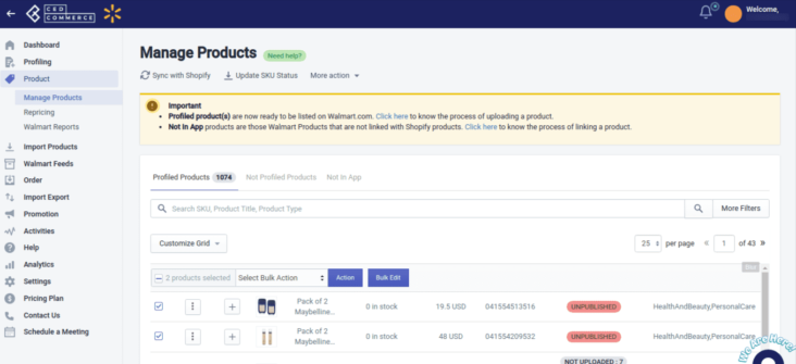 Walmart Integration-Setup by match, Inventory mapping & Bulk editor